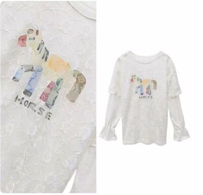 【小乐专享】欧货时尚圆领拼接蕾丝长袖T恤女宽松显瘦上衣3.16