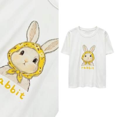 【玉米专享】正肩短袖T恤高级感纯棉花朵兔子宽松圆领上衣4016