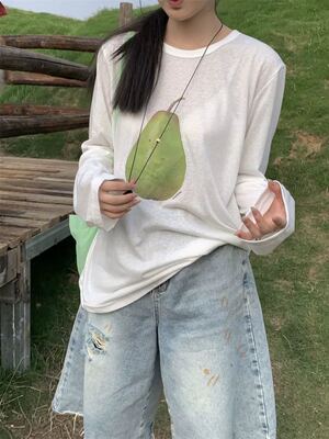 爆米花专享～子印花长袖防晒T恤女春夏季宽松舒适透气休闲上衣058