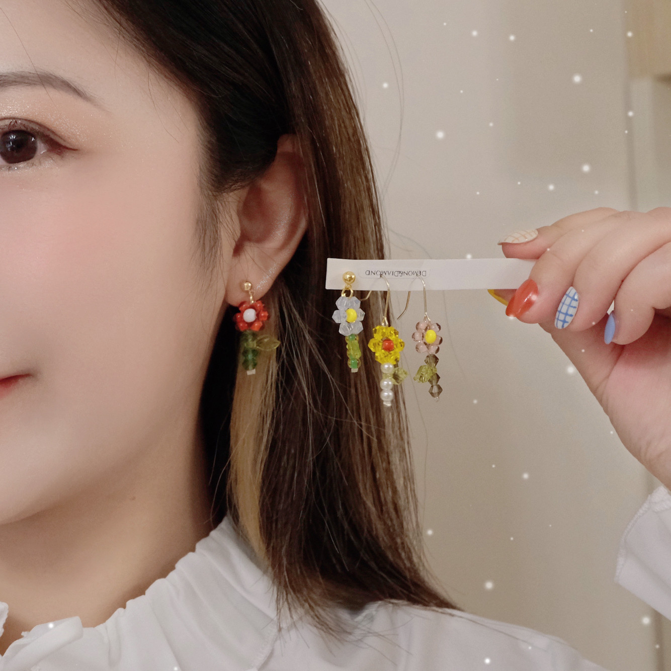 绝美串珠花朵ins风少女雏菊耳饰彩色水晶珠子氛围感甜美耳夹耳环
