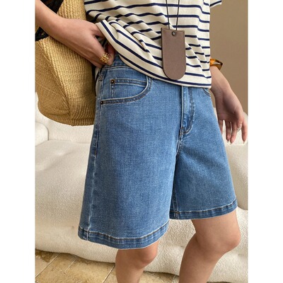 水洗复古蓝混纺直筒短裤高腰通勤