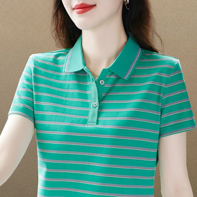 2026夏季新款纯棉条纹POLO衫女短袖翻领宽松休闲减龄上衣