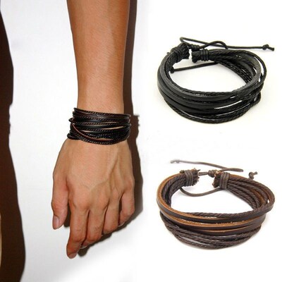 Men's  Leather Bracelet Braided Rope Surfer Tribal Wrap Mul
