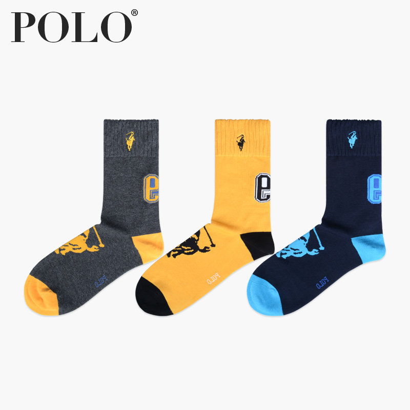 Polo潮牌袜子男中筒纯棉袜中厚秋春季高筒长袜运动潮ins酷男袜子