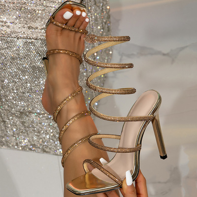 Serpentine winding sexy rhinestone high heels, slim heels