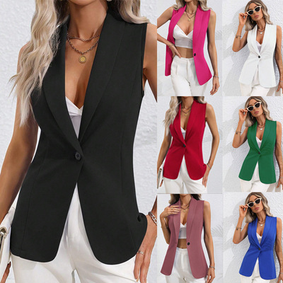 Solid color sleeveless cardigan single button jacket vest