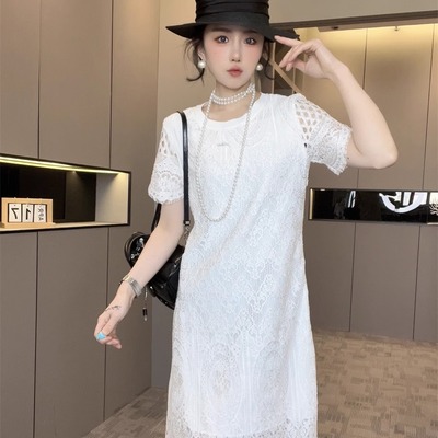 镂空蕾丝裙短袖连衣裙裙子长裙