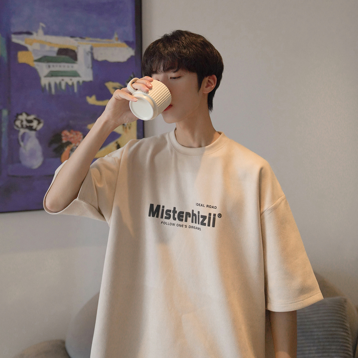 禾子先生2023夏装男短袖T恤280g麂皮绒发泡印花宽松体恤学生半袖_虎窝淘