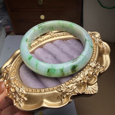 J18翡翠手镯54圈口镯子缅料A货冰糯美女圆镯花绿春天的色彩证书