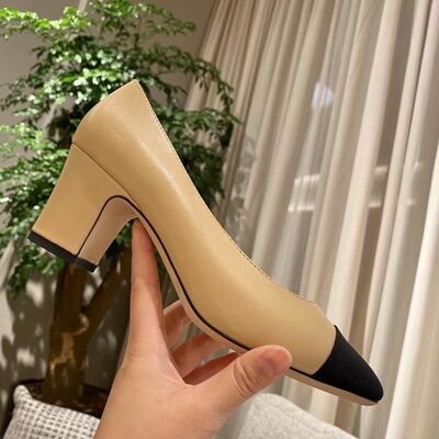 2024新款小香风女法式百搭后空粗跟羊皮真皮拼色包头时尚高跟单鞋