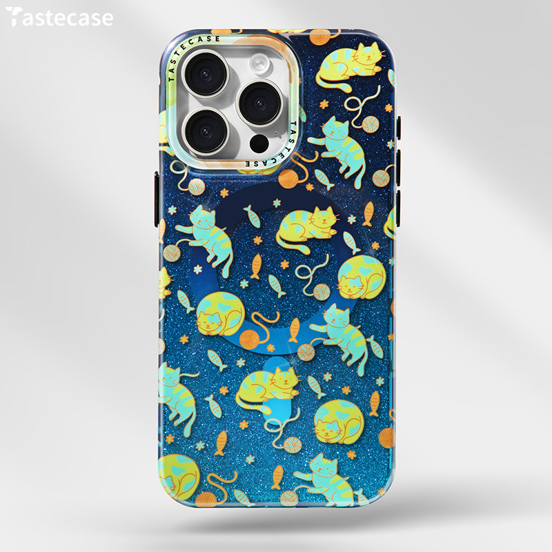 Tastecase星空猫咪闪粉磁吸手机壳适用苹果iPhone16ProMax太空宇宙MagSafe保护壳原创可爱小猫15防摔手机套