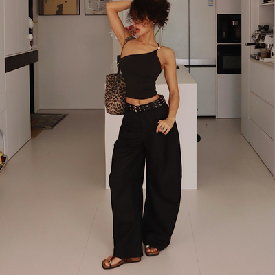 akiyo studio欧美风辣妹高腰显瘦阔腿裤女宽松休闲百搭弯刀长裤子