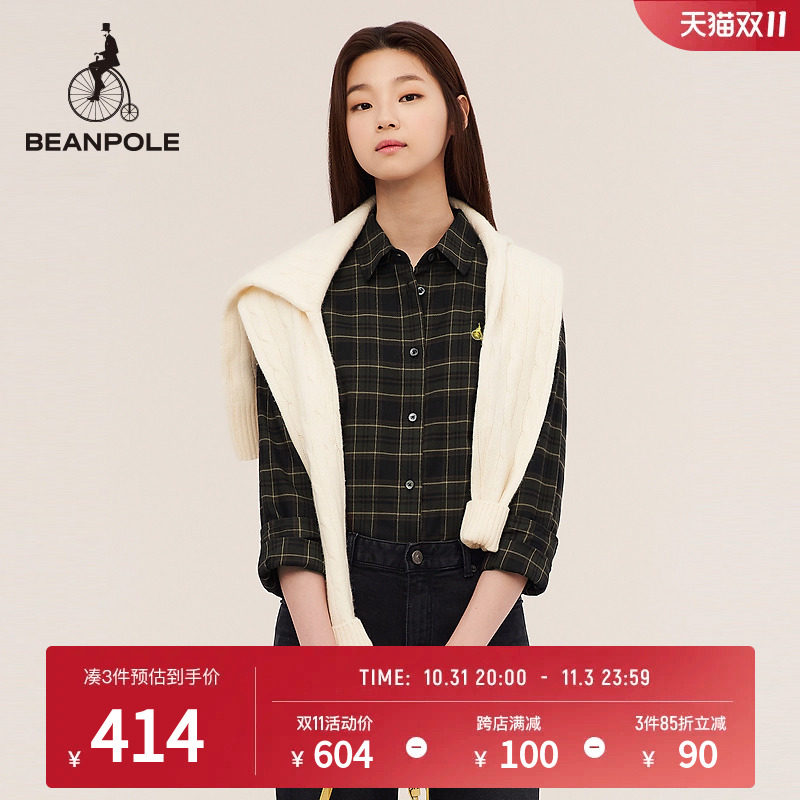 BEANPOLE滨波春秋款女士明暗格纹logo舒适宽松棉质长袖衬衫上衣_虎窝淘