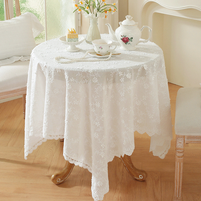 唯米法式小清新刺绣白色圆桌布