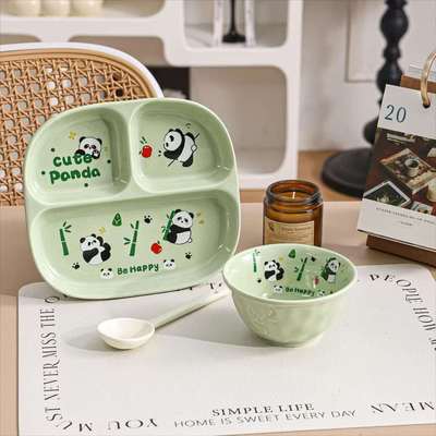 分格熊猫餐盘一人食学生餐盘陶瓷餐具早餐家用卡通盘子高颜值套装
