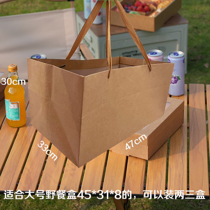 47cm新款现货大号通用牛皮纸加厚加宽底餐盒手提袋礼品袋野餐盒袋