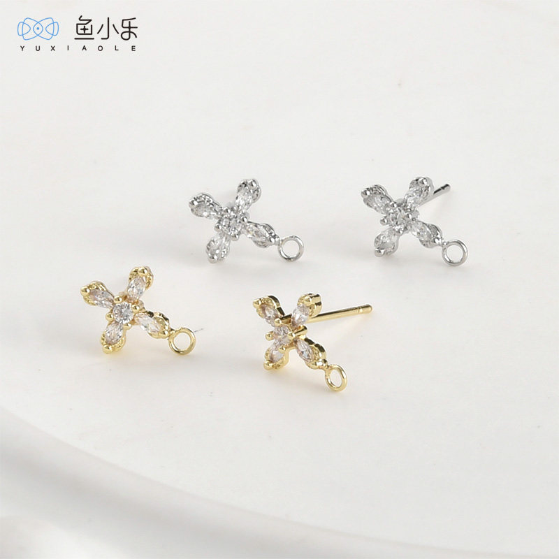 14k电镀真金十字微镶锆石耳钉diy手作耳环耳饰基础耳针配件材料