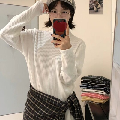 大7女M12577秋冬弹力宽松大码胖mm慵懒半高领坑条内搭针织打底衫