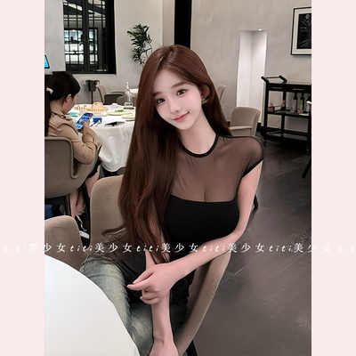 拼接修身掐腰网纱微透黑色上衣