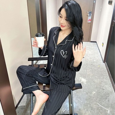 Yase【虚构爱恋】奢华黑色条纹冰丝睡衣女长袖家居服春秋夏薄睡衣