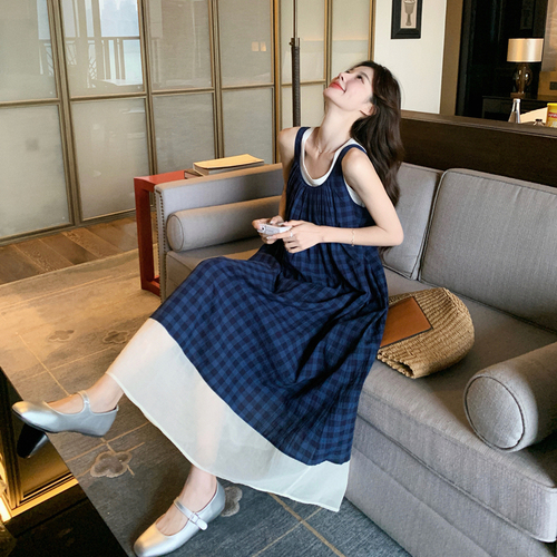 学院风蓝色格子吊带裙女2025夏新款白色背心无袖连衣裙_浙宝1397051 - 杭州女装网