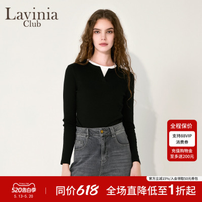 Lavinia2025早秋新款假两件撞色领T恤女V领修身打底针织衫Y55T101