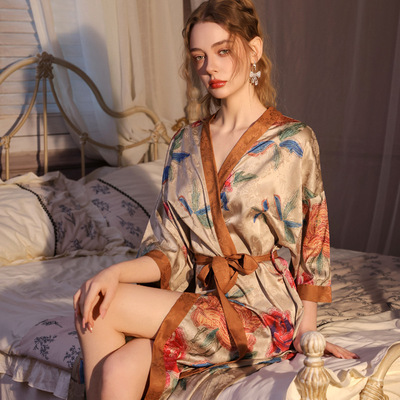 新中式真丝缎面家居服国风浴袍