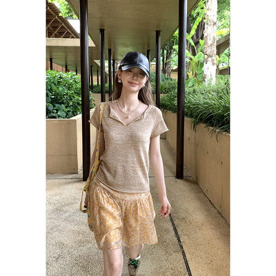 4640# Hellooo Eat 通勤百搭亚麻短袖杂纱夏季显瘦v领针织t恤上衣