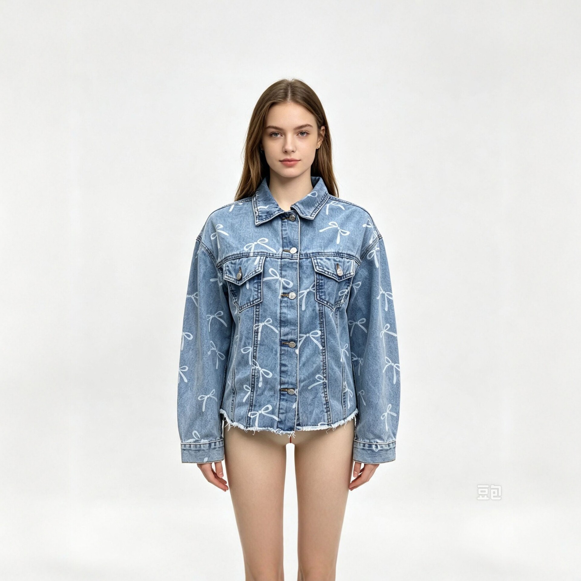蝴蝶结印花牛仔外套女浅蓝宽松短款Belted printed denim jacket