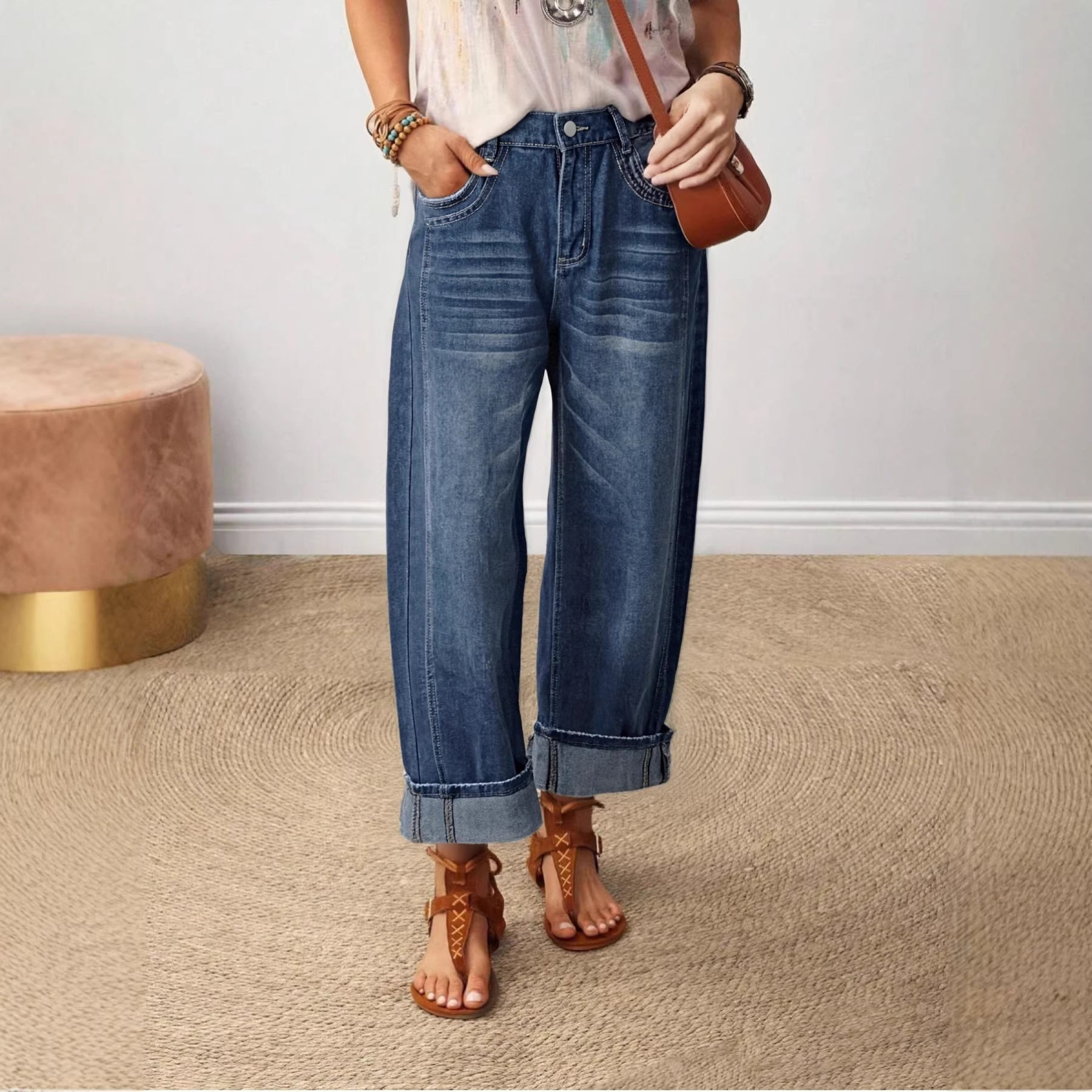 翻折裤脚阔腿牛仔裤 高腰水洗蓝宽九分裤Casual Folded-leg jeans