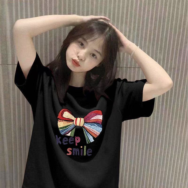 百搭印花上衣学院风夏季宽松胖MM圆领纯棉短袖T恤通勤打底衫女士