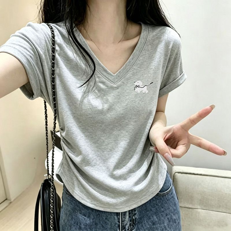 40支精梳棉藏青色v领短袖t恤女夏季新款洋气收腰修身短款半袖上衣