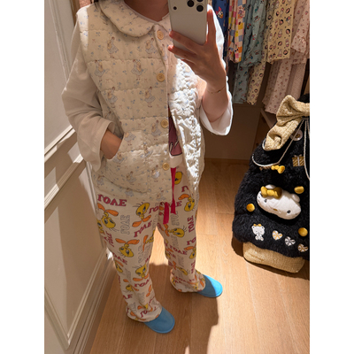 马思纯同款马甲三层绗棉芭蕾风娃娃领夹棉马甲背心可外穿米菲印花