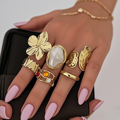Lava Flower Ring 6-pcs Set熔岩花朵戒指 ins巴洛克仿珍珠6件套