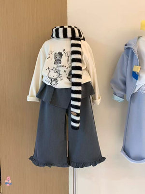 女童kt猫长袖t恤秋装2025女童猫咪上衣打底衫+带屁帘裤子叠穿套装