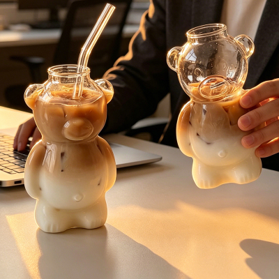 Milk tea cup ins网红餐厅小熊杯子咖啡杯玻璃杯水杯果汁杯奶茶杯