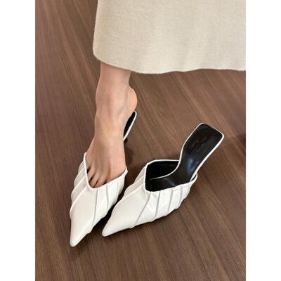 elingstudio 欧美白色尖头皱褶半拖鞋女夏外穿2024新款细跟高跟鞋