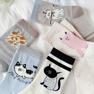 袜子女夏季中筒可爱卡通猫咪女薄款棉袜无骨堆堆可穿小白鞋百搭款