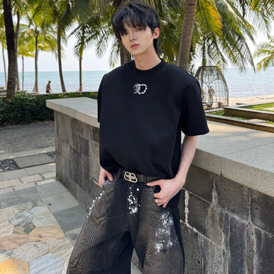 Desaturate 珍珠刺绣 小众纯色垫肩廓形夏季短袖设计感重磅320g黑