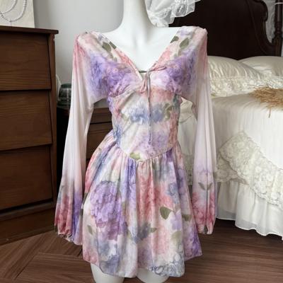 紫藤花长袖保守裙式泳衣收腰显瘦泡温泉海边度假泳装5164