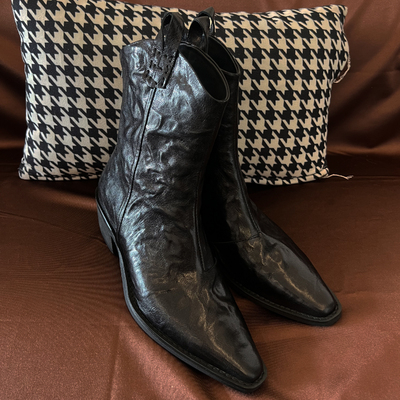 法式西部靴粗跟水洗羊皮短靴V口