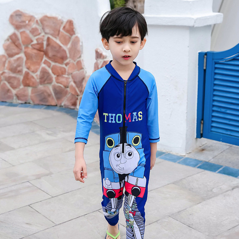 儿童泳衣男童卡通连体中大童长袖长裤青少年游泳衣户外防晒冲浪