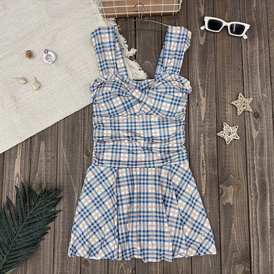 少女小胸聚拢显瘦格子裙式连体