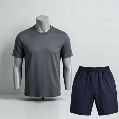 3503新款热区岛礁短袖男套装灰色棉涤速干透气男运动短裤圆领T恤