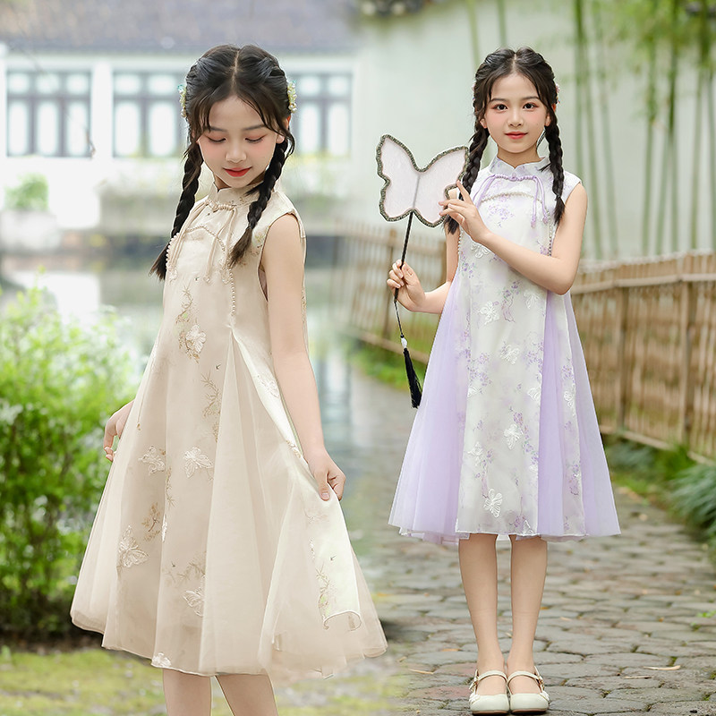 女童新中式旗袍裙夏季女孩国风唐装汉服大童连衣裙六一儿童表演服