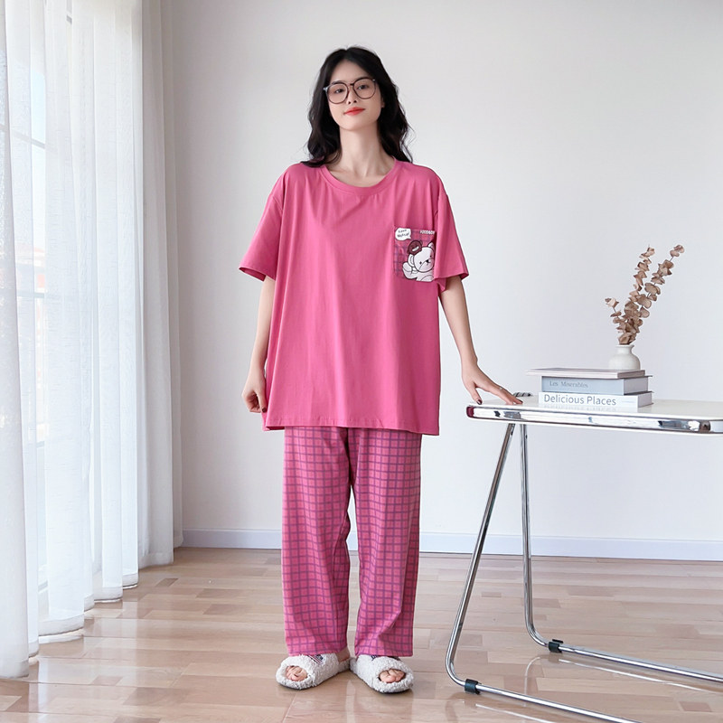 卡通熊韩版圆领大码胖mm睡衣女200斤春夏纯棉短袖长裤家居服套装