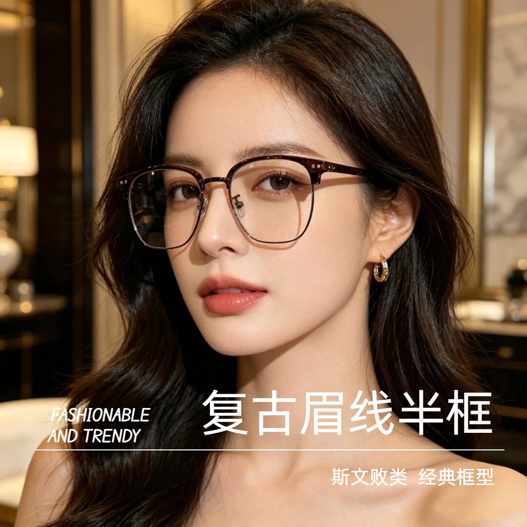 复古斯文半框眼镜男女痞帅大脸近视度数可配变色防蓝光眼镜 31255
