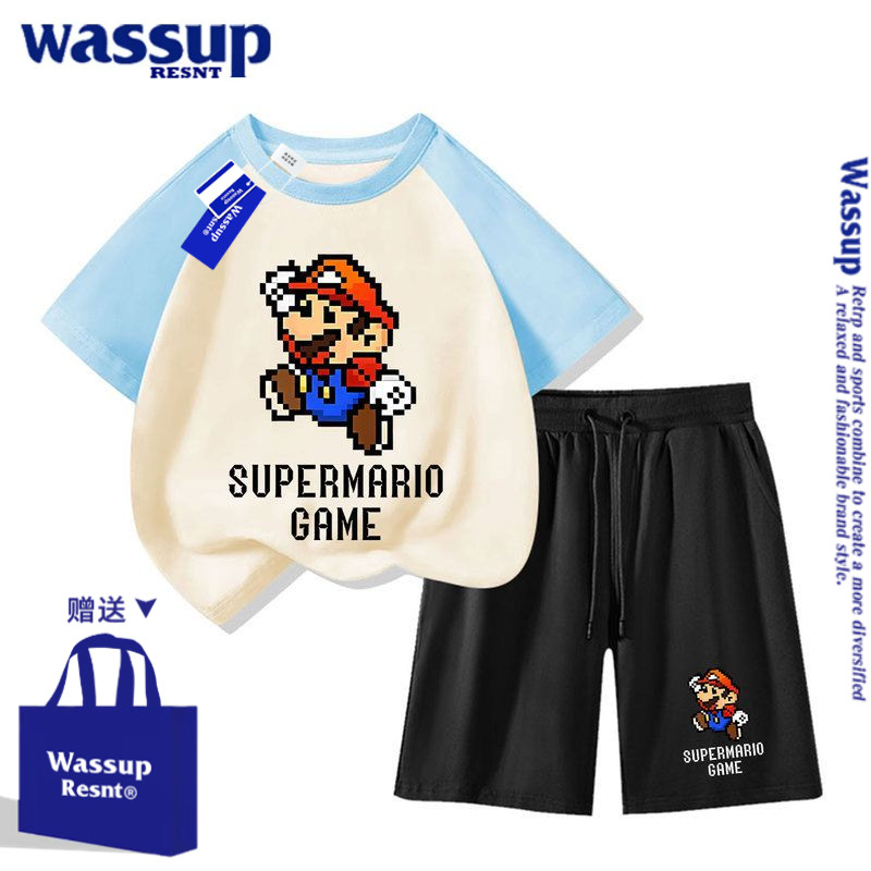 WASSUP插肩马里奥衣服男童夏装套装2026新款夏季短袖t恤儿童运动
