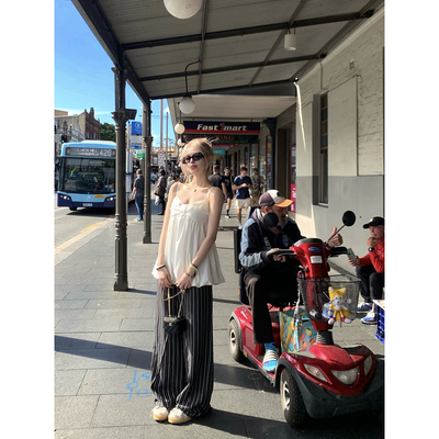 条纹低腰阔腿裤百搭宽松直筒裤