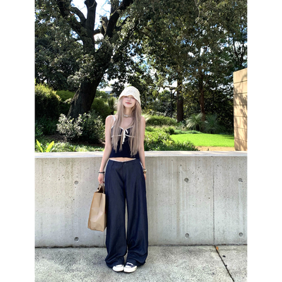 Thas9i九亿 冰爽原牛 蕾丝拼接假两件低腰轻薄牛仔裤女弯刀阔腿裤